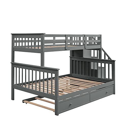 BIADNBZ Twin Over Full Bunk Bed with Trundle and Staircase, Solid Wood Stairway Bunkbeds w/Guard Rail and Storage Stairs, Can Be Divided Into Two Platform Bedframe, for Kids/Teens/Adults, Gray