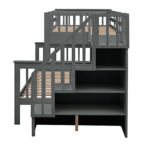 BIADNBZ Twin Over Full Bunk Bed with Trundle and Staircase, Solid Wood Stairway Bunkbeds w/Guard Rail and Storage Stairs, Can Be Divided Into Two Platform Bedframe, for Kids/Teens/Adults, Gray