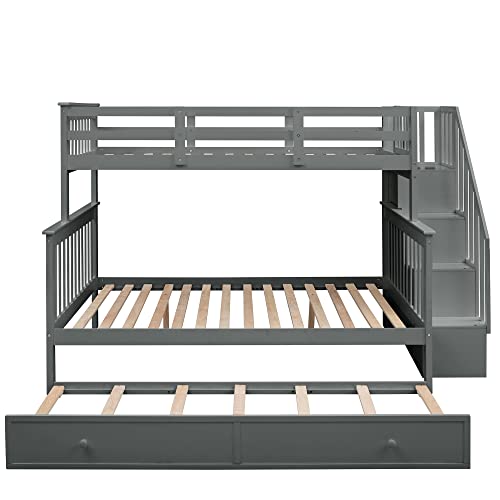 BIADNBZ Twin Over Full Bunk Bed with Trundle and Staircase, Solid Wood Stairway Bunkbeds w/Guard Rail and Storage Stairs, Can Be Divided Into Two Platform Bedframe, for Kids/Teens/Adults, Gray