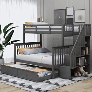 BIADNBZ Twin Over Full Bunk Bed with Trundle and Staircase, Solid Wood Stairway Bunkbeds w/Guard Rail and Storage Stairs, Can Be Divided Into Two Platform Bedframe, for Kids/Teens/Adults, Gray