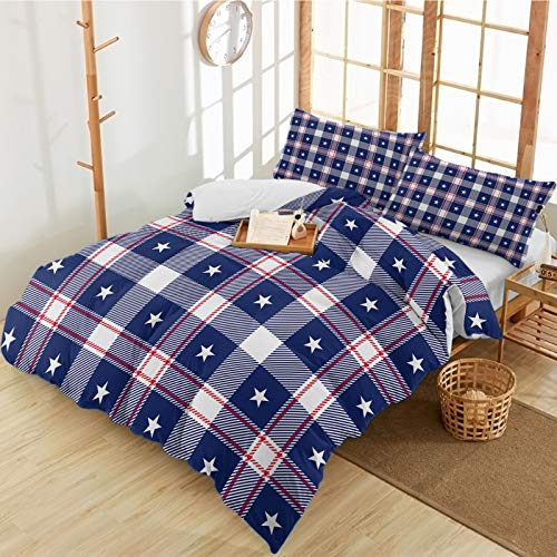 Duvet Cover Sets Independence Day Red White Blue Tartan,3 Pieces Bedding Set Ultra Soft Microfiber Quilt Covers and Pillowcase for Bedroom,USA Flag Star and Stripe Bed Set All Seasons Use