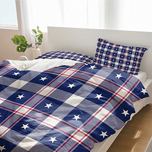 Duvet Cover Sets Independence Day Red White Blue Tartan,3 Pieces Bedding Set Ultra Soft Microfiber Quilt Covers and Pillowcase for Bedroom,USA Flag Star and Stripe Bed Set All Seasons Use