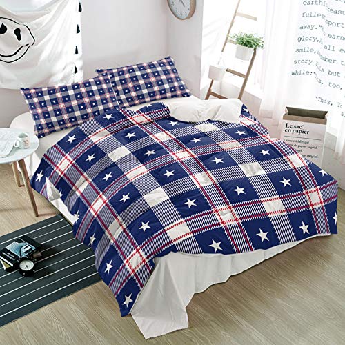 Duvet Cover Sets Independence Day Red White Blue Tartan,3 Pieces Bedding Set Ultra Soft Microfiber Quilt Covers and Pillowcase for Bedroom,USA Flag Star and Stripe Bed Set All Seasons Use