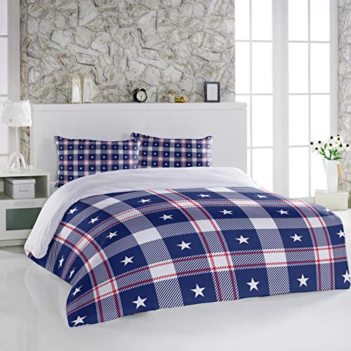 Duvet Cover Sets Independence Day Red White Blue Tartan,3 Pieces Bedding Set Ultra Soft Microfiber Quilt Covers and Pillowcase for Bedroom,USA Flag Star and Stripe Bed Set All Seasons Use