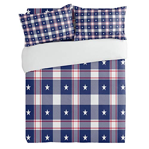 Duvet Cover Sets Independence Day Red White Blue Tartan,3 Pieces Bedding Set Ultra Soft Microfiber Quilt Covers and Pillowcase for Bedroom,USA Flag Star and Stripe Bed Set All Seasons Use