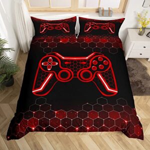 jejeloiu gamer bedding set for kids boys girls gaming honeycomb comforter cover set twin size video game duvet cover bedroom decor red geometric bedspread cover bedding collection 2pcs