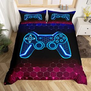 gamer bedding set for kids boys girls gaming honeycomb geometric comforter cover set king size video game gamepad duvet cover bedroom decor gamer blue red bedspread cover bedding collection 3pcs