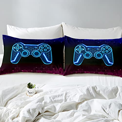 Gamer Bedding Set for Kids Boys Girls Gaming Honeycomb Geometric Comforter Cover Set King Size Video Game Gamepad Duvet Cover Bedroom Decor Gamer Blue Red Bedspread Cover Bedding Collection 3Pcs