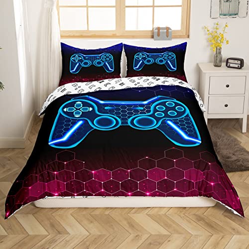 Gamer Bedding Set for Kids Boys Girls Gaming Honeycomb Geometric Comforter Cover Set King Size Video Game Gamepad Duvet Cover Bedroom Decor Gamer Blue Red Bedspread Cover Bedding Collection 3Pcs