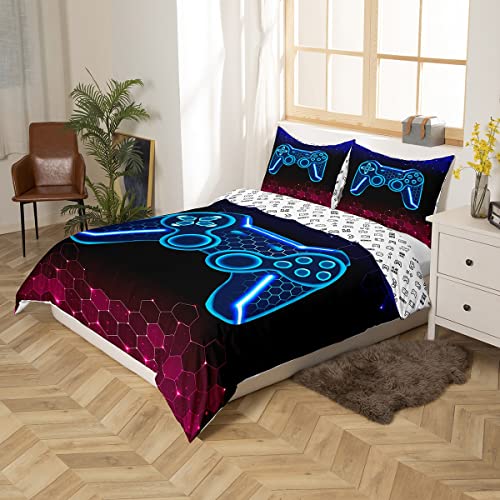 Gamer Bedding Set for Kids Boys Girls Gaming Honeycomb Geometric Comforter Cover Set King Size Video Game Gamepad Duvet Cover Bedroom Decor Gamer Blue Red Bedspread Cover Bedding Collection 3Pcs