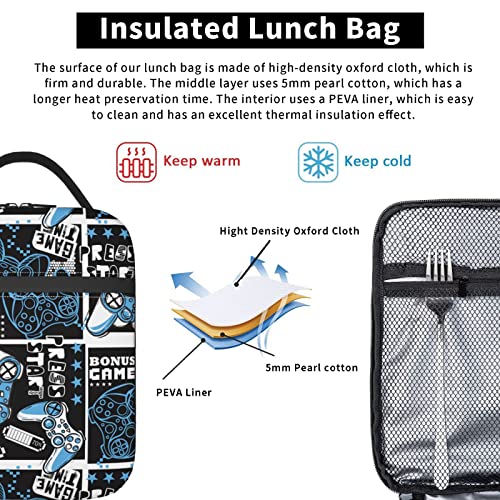 ProLeiBao Insulated Lunch Box Boys Portable Game Lunch Bag Blue Waterproof Lunchbox with Detachable Handle for School Travel Picnic Hiking Beach (Game)