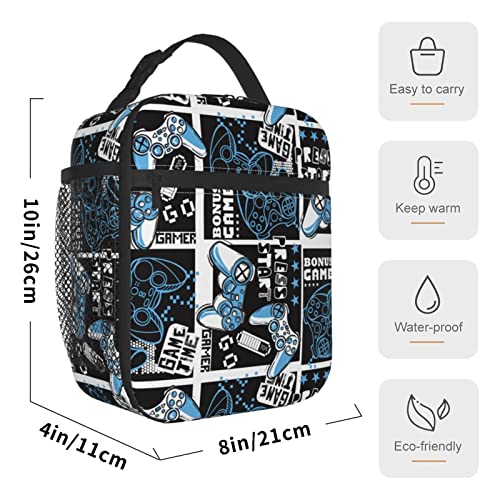 ProLeiBao Insulated Lunch Box Boys Portable Game Lunch Bag Blue Waterproof Lunchbox with Detachable Handle for School Travel Picnic Hiking Beach (Game)