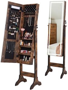 yokukina mirror jewelry cabinet with lights, full length mirror with storage organizer, lockable jewelry armoire makeup mirror, freestanding/wall mount/over the door, rustic brown