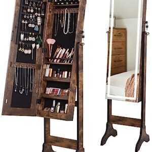 YOKUKINA Mirror Jewelry Cabinet with Lights, Full Length Mirror with Storage Organizer, Lockable Jewelry Armoire Makeup Mirror, Freestanding/Wall Mount/Over the Door, Rustic Brown