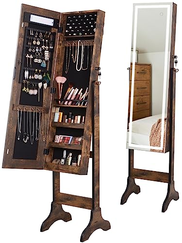 YOKUKINA Mirror Jewelry Cabinet with Lights, Full Length Mirror with Storage Organizer, Lockable Jewelry Armoire Makeup Mirror, Freestanding/Wall Mount/Over the Door, Rustic Brown