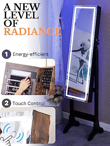 YOKUKINA Mirror Jewelry Cabinet with Lights, Full Length Mirror with Storage Organizer, Lockable Jewelry Armoire Makeup Mirror, Freestanding/Wall Mount/Over the Door, Rustic Brown