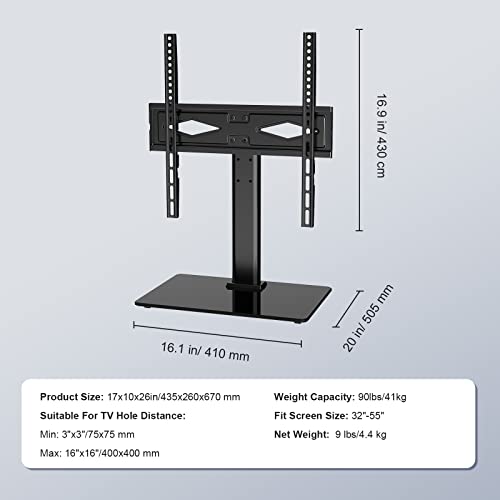 VEVOR TV Stand Mount, Swivel Universal TV Stand for 32-55 inch TV Screen up to 90lb, Height Adjustable Portable Floor TV Stand with Tempered Glass Base for Bedroom, Living Room, Max VESA 400x400mm