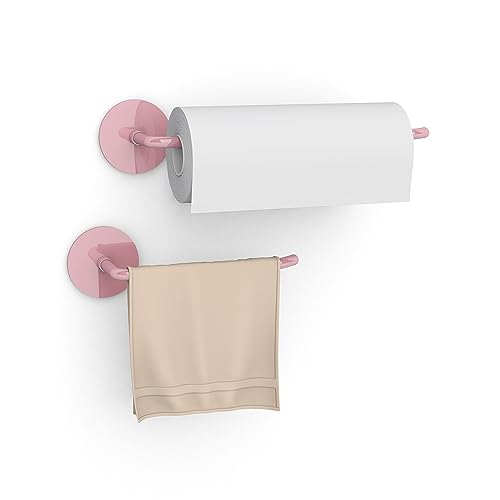 TONLEA Paper Towel Rack, Under Cabinet Paper Towel Holder, 3M Self-Adhesive or Drilling Kitchen Paper Towels Holder, Wall Mount Paper Towel Holders for Kitchen, Pantry, Sink, Bathroom Pink