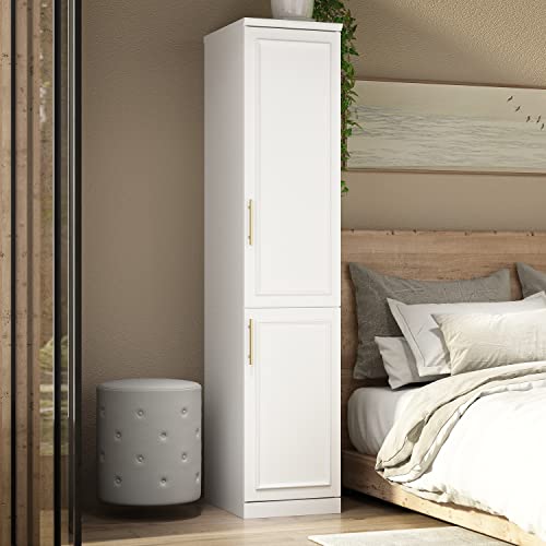 ECACAD Slim Wardrobe Armoire with 2 Doors, 3-Tier Shelves & Hanging Rod, Wooden Closet Storage Cabinet for Bedroom, White (15.7”W x 19.3”D x 74.8”H)