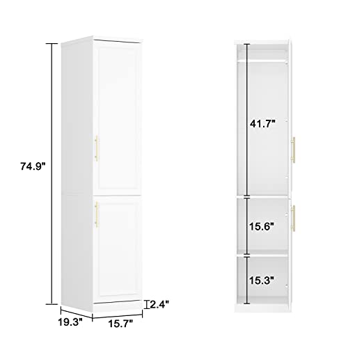 ECACAD Slim Wardrobe Armoire with 2 Doors, 3-Tier Shelves & Hanging Rod, Wooden Closet Storage Cabinet for Bedroom, White (15.7”W x 19.3”D x 74.8”H)