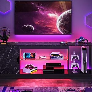 Bestier LED TV Stand for PS5,Modern Gaming Entertainment Center with Cabinet for 60/65 Inch TV,Easily Assemble TV Corner Console with Adjustable Glass Shelf for Living Room Bedroom Black Marble