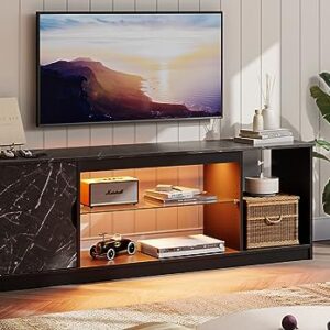 Bestier LED TV Stand for PS5,Modern Gaming Entertainment Center with Cabinet for 60/65 Inch TV,Easily Assemble TV Corner Console with Adjustable Glass Shelf for Living Room Bedroom Black Marble