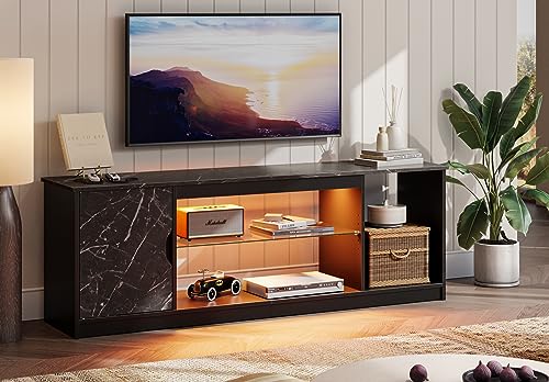 Bestier LED TV Stand for PS5,Modern Gaming Entertainment Center with Cabinet for 60/65 Inch TV,Easily Assemble TV Corner Console with Adjustable Glass Shelf for Living Room Bedroom Black Marble