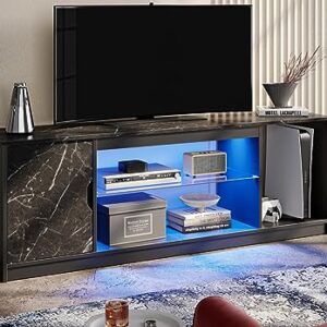 Bestier LED TV Stand for PS5,Modern Gaming Entertainment Center with Cabinet for 60/65 Inch TV,Easily Assemble TV Corner Console with Adjustable Glass Shelf for Living Room Bedroom Black Marble