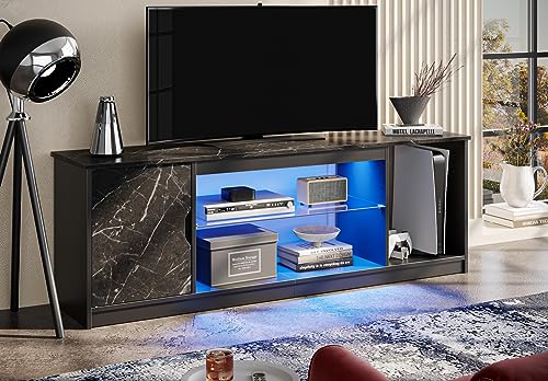 Bestier LED TV Stand for PS5,Modern Gaming Entertainment Center with Cabinet for 60/65 Inch TV,Easily Assemble TV Corner Console with Adjustable Glass Shelf for Living Room Bedroom Black Marble