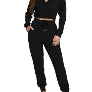 MASCOMODA 2 Piece Outfits for Women 2023 Fall Hoodie Sweatshirt Tracksuit and Sweatpants Workout Sets with Pockets (Black, Large)