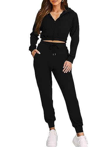 MASCOMODA 2 Piece Outfits for Women 2023 Fall Hoodie Sweatshirt Tracksuit and Sweatpants Workout Sets with Pockets (Black, Large)