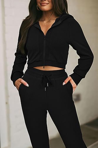 MASCOMODA 2 Piece Outfits for Women 2023 Fall Hoodie Sweatshirt Tracksuit and Sweatpants Workout Sets with Pockets (Black, Large)