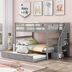 biadnbz full over full bunk bed with twin size trundle, storage stairs and guard rail, solid wood detachable bunkbed frame for teen/adults bedroom, gray