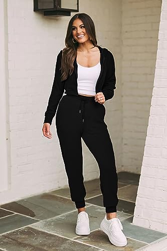 MASCOMODA 2 Piece Outfits for Women 2023 Fall Hoodie Sweatshirt Tracksuit and Sweatpants Workout Sets with Pockets (Black, Large)