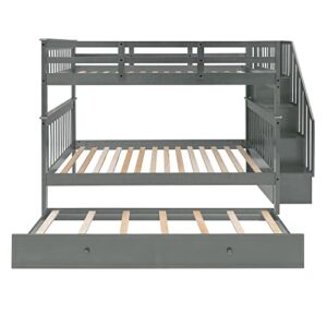 BIADNBZ Full Over Full Bunk Bed with Twin Size Trundle, Storage Stairs and Guard Rail, Solid Wood Detachable BunkBed Frame for Teen/Adults Bedroom, Gray