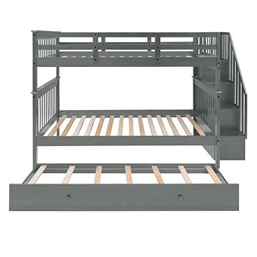 BIADNBZ Full Over Full Bunk Bed with Twin Size Trundle, Storage Stairs and Guard Rail, Solid Wood Detachable BunkBed Frame for Teen/Adults Bedroom, Gray