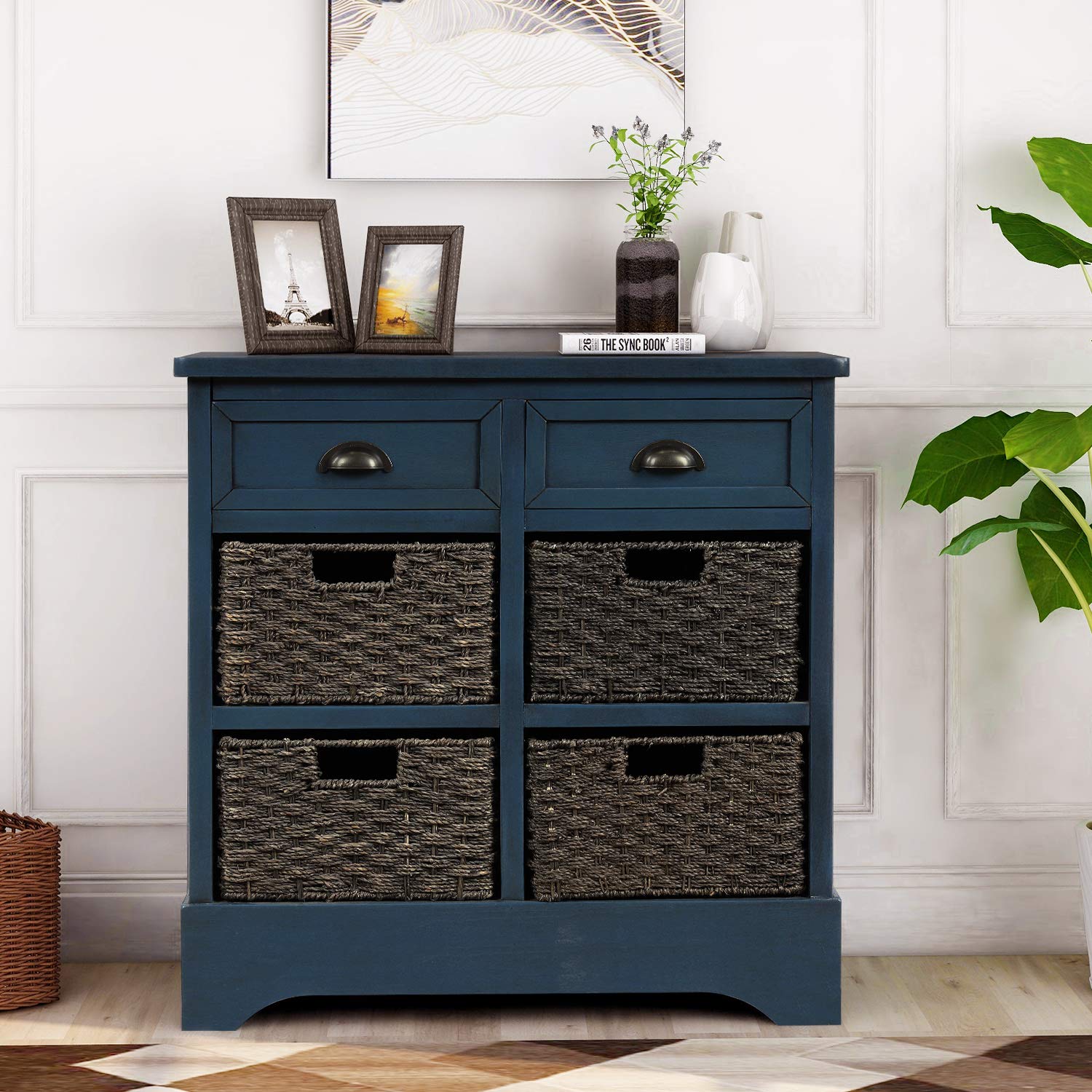 FRANSOUL Rustic Storage Cabinet with 2 Drawers and 4 Classic Rattan Basket Buffet Sideboard for Kitchen/Dining Entryway/Living Room/Home,Antique Navy