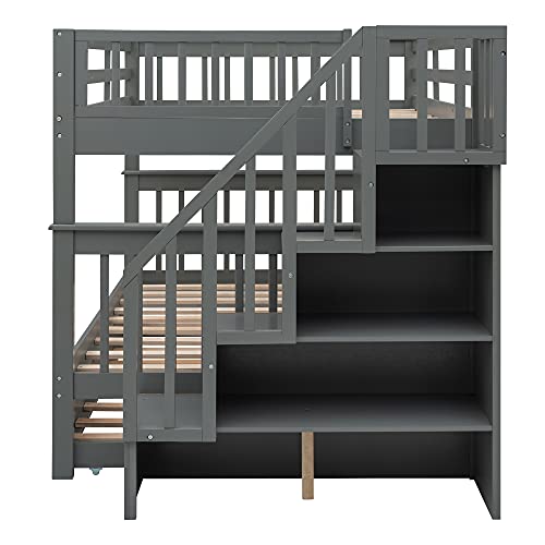 BIADNBZ Full Over Full Bunk Bed with Twin Size Trundle, Storage Stairs and Guard Rail, Solid Wood Detachable BunkBed Frame for Teen/Adults Bedroom, Gray