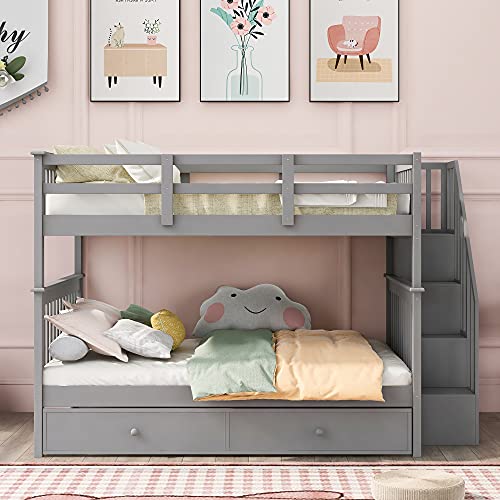 BIADNBZ Full Over Full Bunk Bed with Twin Size Trundle, Storage Stairs and Guard Rail, Solid Wood Detachable BunkBed Frame for Teen/Adults Bedroom, Gray