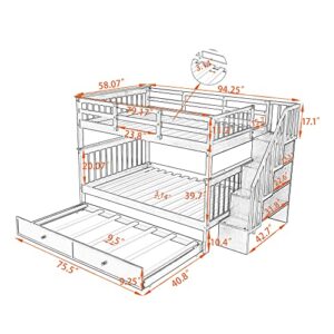 BIADNBZ Full Over Full Bunk Bed with Twin Size Trundle, Storage Stairs and Guard Rail, Solid Wood Detachable BunkBed Frame for Teen/Adults Bedroom, Gray