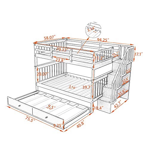 BIADNBZ Full Over Full Bunk Bed with Twin Size Trundle, Storage Stairs and Guard Rail, Solid Wood Detachable BunkBed Frame for Teen/Adults Bedroom, Gray