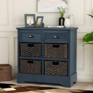 FRANSOUL Rustic Storage Cabinet with 2 Drawers and 4 Classic Rattan Basket Buffet Sideboard for Kitchen/Dining Entryway/Living Room/Home,Antique Navy