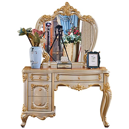 MARURY 47" Light Luxury Makeup Vanity Dressing Table, European Retro Solid Wood Make-up Table with Make-up Stool, Vintage Vanity Table with Mirror, for Bedroom,Entryway, Hallway, Living Room