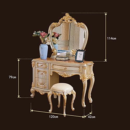 MARURY 47" Light Luxury Makeup Vanity Dressing Table, European Retro Solid Wood Make-up Table with Make-up Stool, Vintage Vanity Table with Mirror, for Bedroom,Entryway, Hallway, Living Room