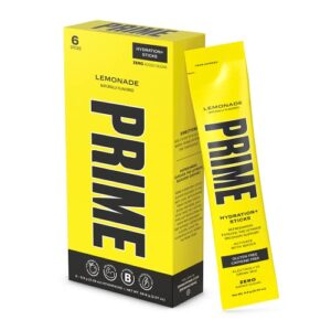 prime hydration+ stick pack | lemonade | 6 sticks | electrolyte drink mix | 10% coconut water | 250mg bcaas | antioxidants | naturally flavored | zero added sugar | easy open single-serve sticks