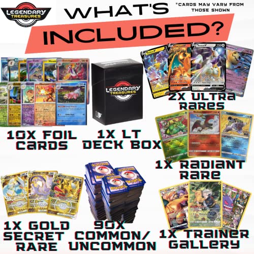 Legendary Treasures Limited Edition Golden Deck Box Bundle | 100+ Assorted Pokemon Cards | Guaranteed Gold Secret Rare + 2 Ultra Rares | 10 Holo Foils | 1 Trainer Gallery Card | 1 Radiant Rare