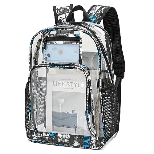 AUOBAG Clear Backpack Heavy Duty Large Transparent Backpacks PVC Clear Book Bag Stadium Approved Complimentary DIY Stickers (White)