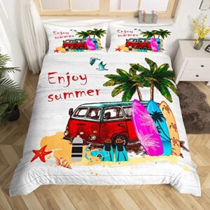 castle fairy summer beach duvet cover set full size,red camper colorful surfboard comforter cover with 2 pillowcases,ocean starfish palm trees breathable bedspread for boys teens,pillow sham