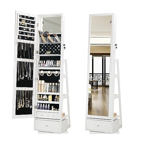 MASMIRE 360° Swivel Full Length Mirror Jewelry Cabinet Standing With Built-In Mirror - 63.7”H Jewelry Armoire With Mirror & 3 Drawers, Lockable Storage Mirror With 3 Storage Racks (Off-White)