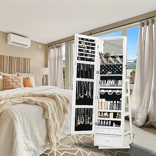 MASMIRE 360° Swivel Full Length Mirror Jewelry Cabinet Standing With Built-In Mirror - 63.7”H Jewelry Armoire With Mirror & 3 Drawers, Lockable Storage Mirror With 3 Storage Racks (Off-White)